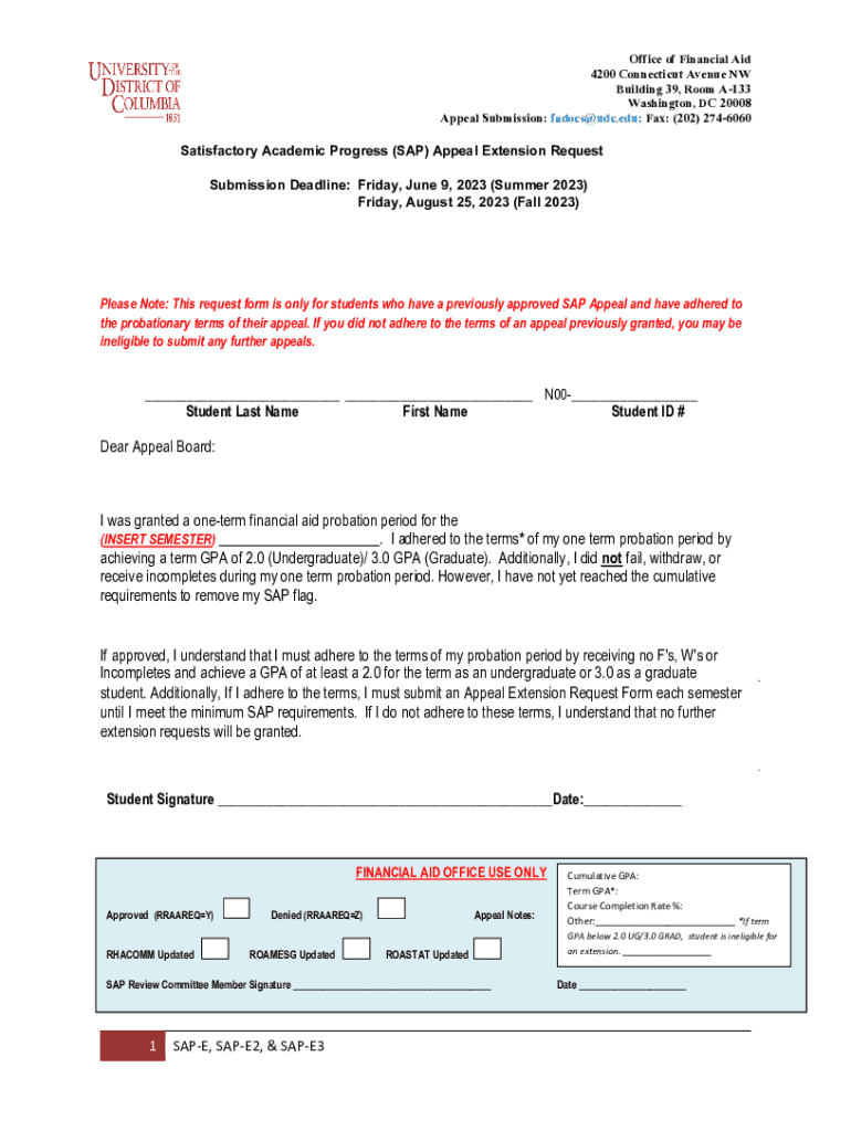 Fillable Online Satisfactory Academic Progress (SAP) Appeal Extension Request Fax Email Print ...