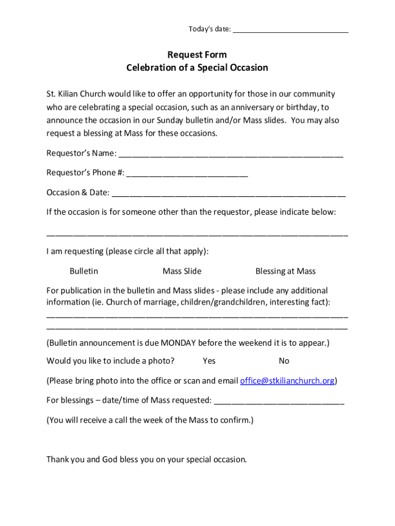 Fillable Online REQUEST FORM Celebration of a Special Occasion St ...