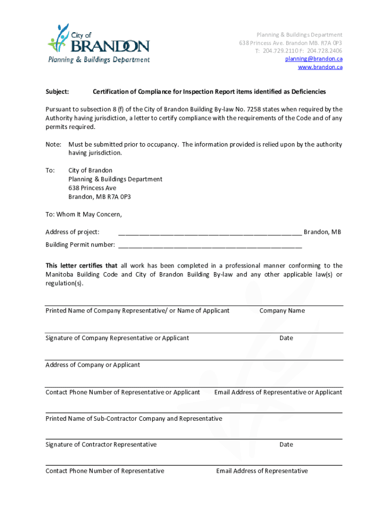 Fillable Online Subject: Certification of Compliance for Inspection ...