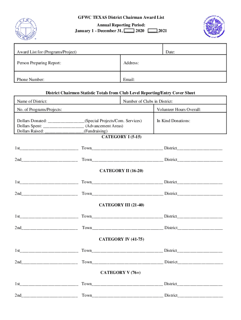 Fillable Online GFWC Texas State Chairman Award List Fax Email Print ...