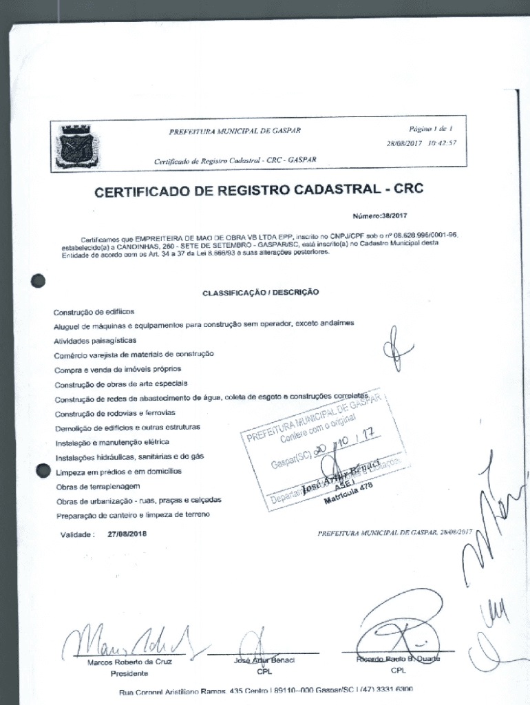 Fillable Online Documentos para Certificado de Registro Cadastral - CRC Fax Email Print - pdfFiller