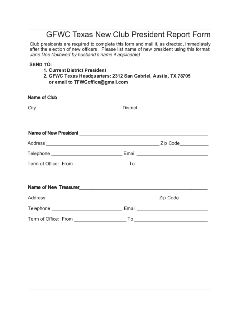 Fillable Online Get the free GFWC Texas New Club President Report Form ...