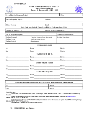 Fillable Online GFWC TEXAS District Chairman Award List Fax Email Print ...