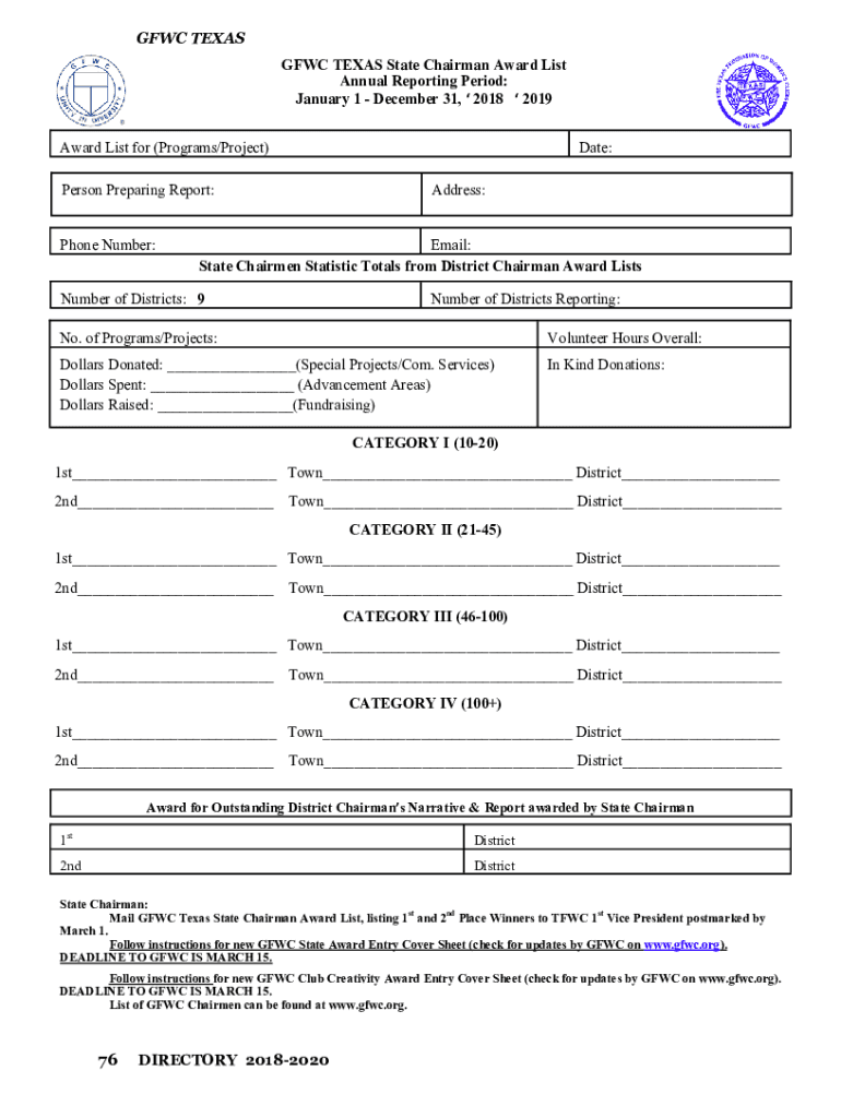 Fillable Online GFWC TEXAS District Chairman Award List Fax Email Print - pdfFiller