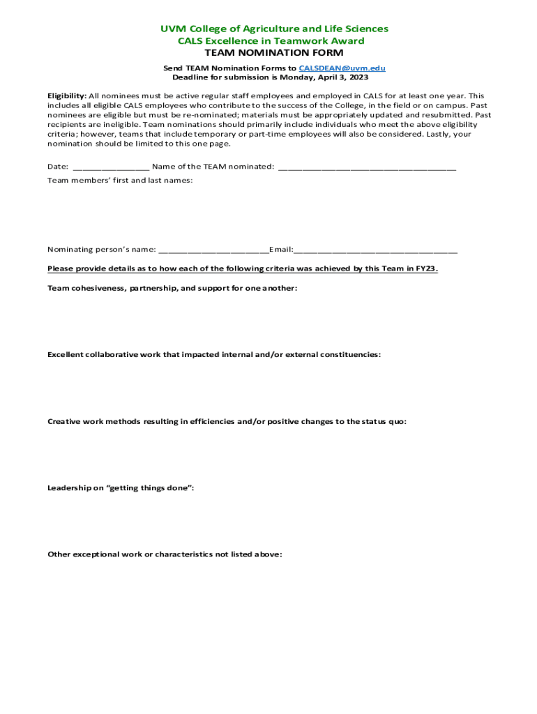 Fillable Online TEAM NOMINATION FORM Fax Email Print - pdfFiller