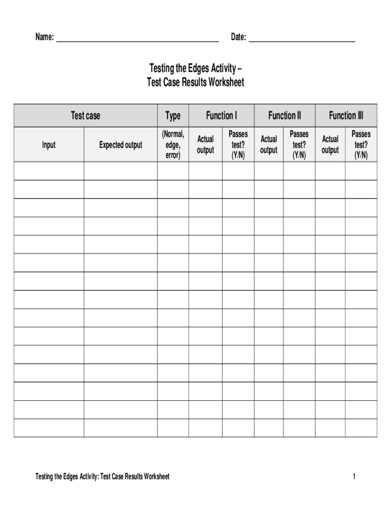 Fillable Online Testing the Edges ActivityTest Case Results Worksheet ...
