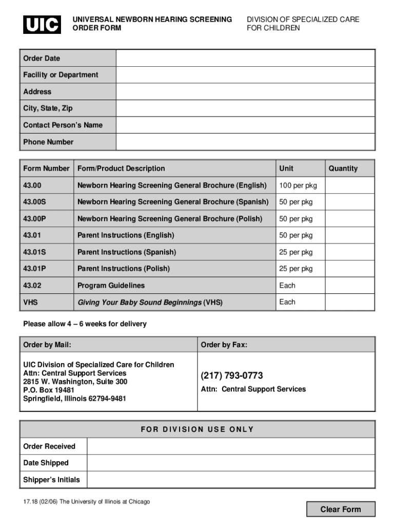 Fillable Online Universal Newborn Hearing Screening (UNHS) Birthing ...
