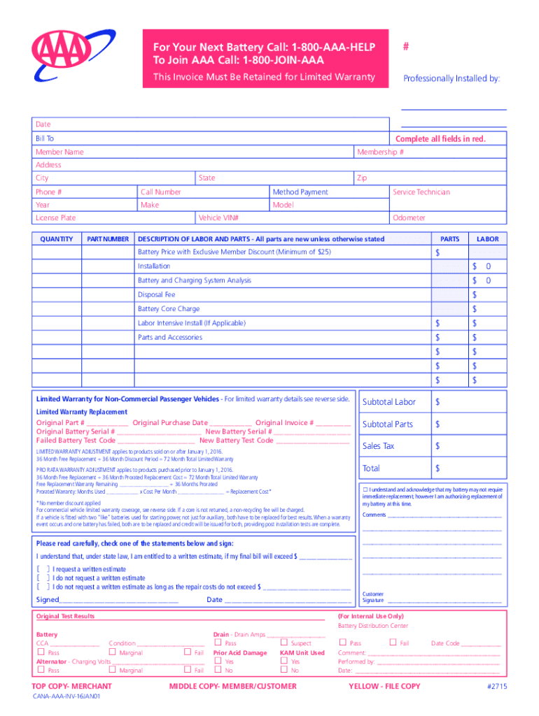 Fillable Online For Your Next Battery Call: 1-800-AAA-HELP To Join AAA ...