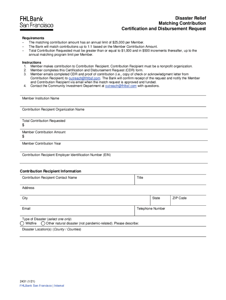Fillable Online Disaster Relief Matching Contribution Program ...