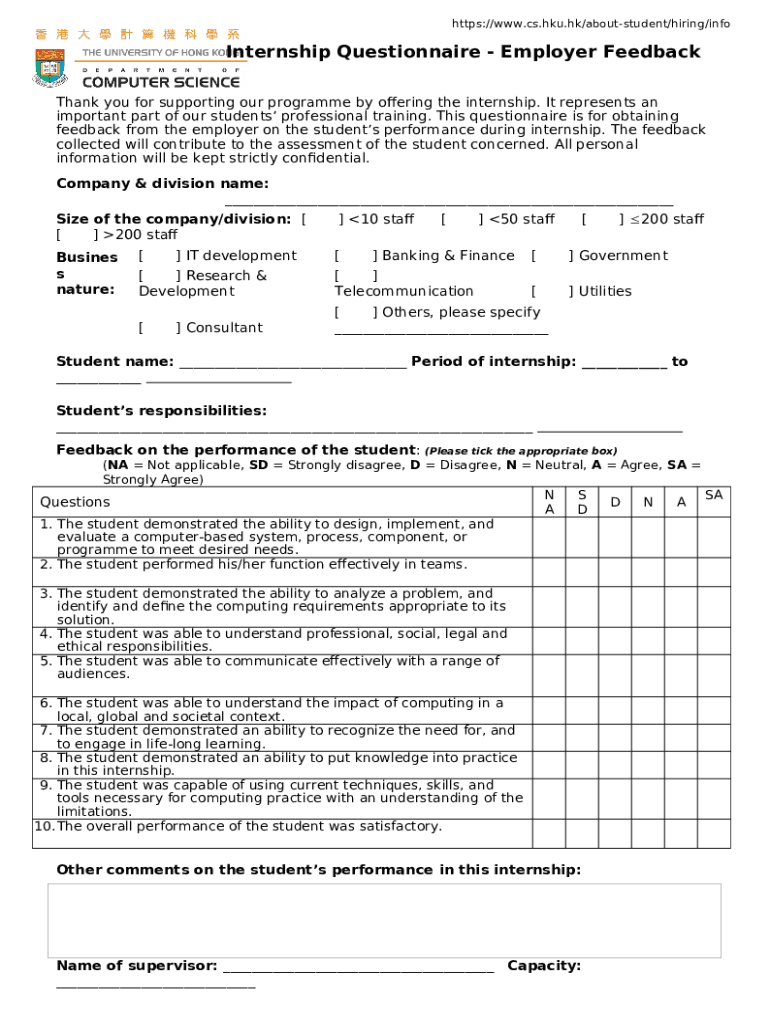 Intern Feedback Survey Template & Questions Doc Template | pdfFiller