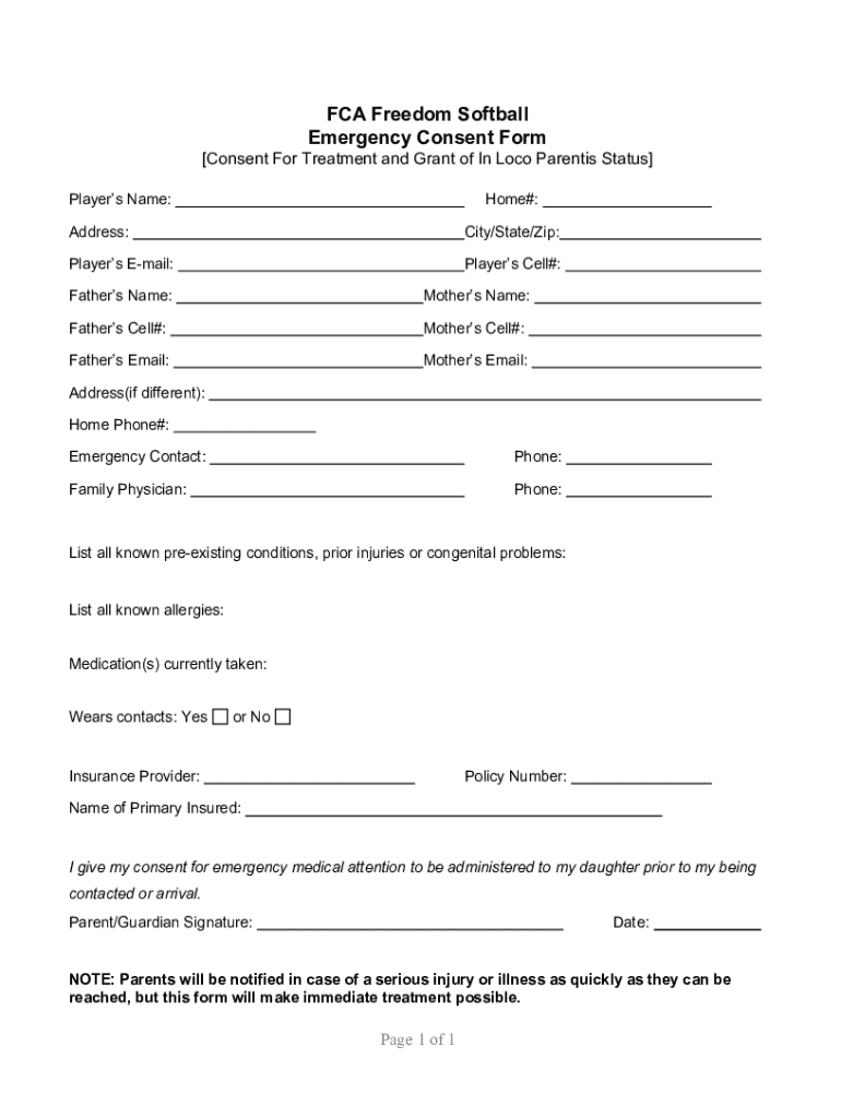 Fillable Online FCA Women's Softball Emergency Consent Form.docx Fax Email Print - pdfFiller