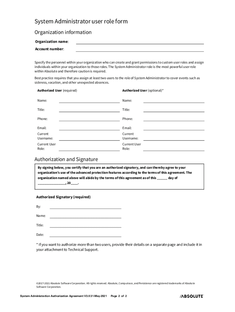 Fillable Online Absolute System Administration Authorization Agreement ...