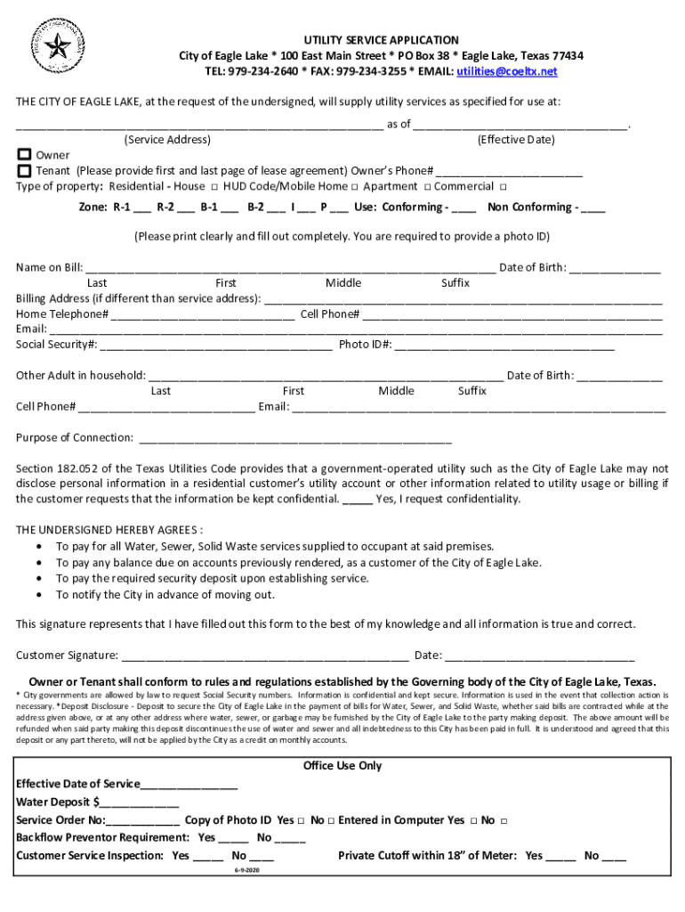 Fillable Online UTILITY SERVICE APPLICATION City of Eagle ... Fax Email Print - pdfFiller