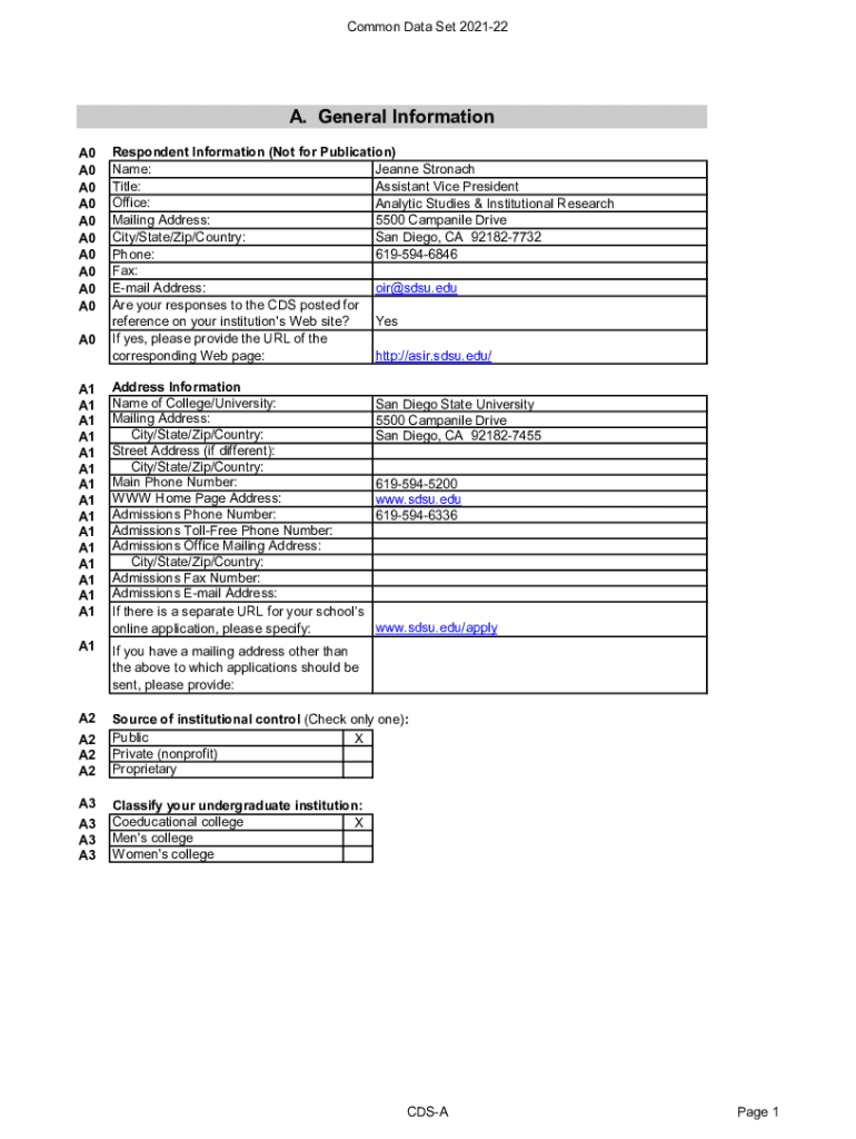 Fillable Online asir sdsu Common Data Set - Section A1. General Information - KU AIRE Fax Email ...