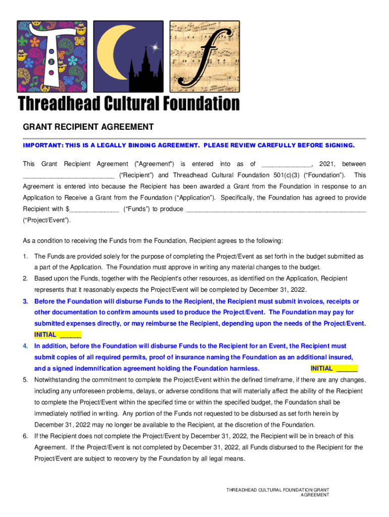 Fillable Online GRANT RECIPIENT AGREEMENT Fax Email Print - pdfFiller