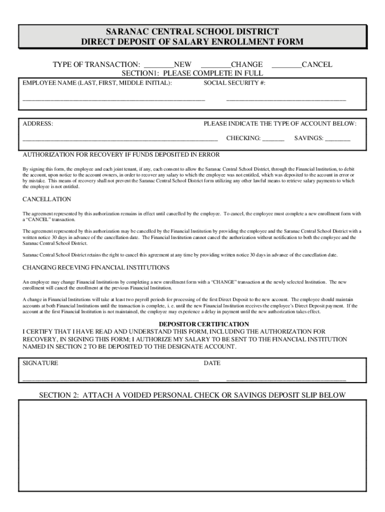 Fillable Online SARANAC CENTRAL SCHOOL DISTRICT DIRECT ... Fax Email ...