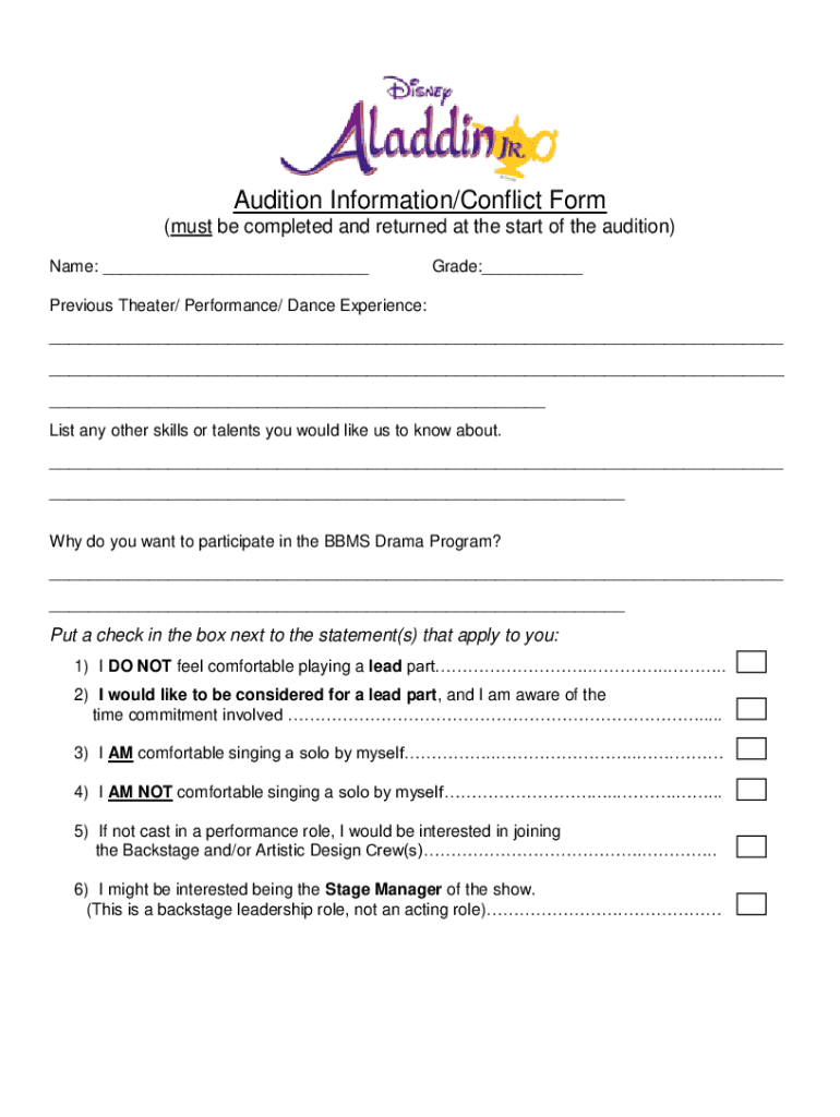 Fillable Online Audition Form - Theatre In The Park Fax Email Print ...
