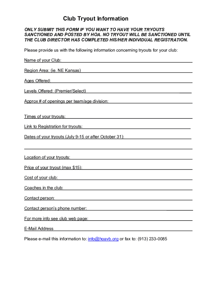 Fillable Online Club Tryout Information Fax Email Print - pdfFiller