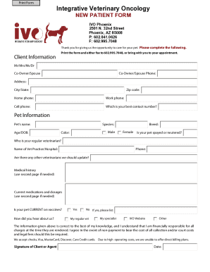 Fillable Online Integrative Veterinary Oncology - NEW PATIENT FORM Fax ...