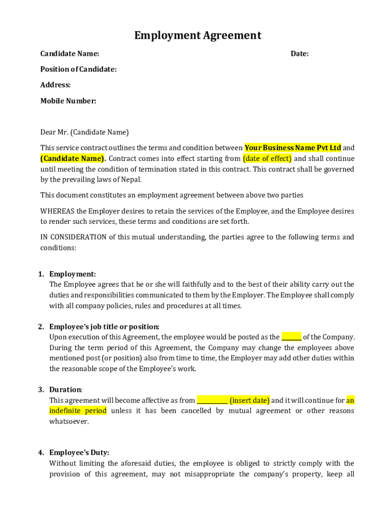 Fillable Online Employment Agreement Sample Fax Email Print - pdfFiller
