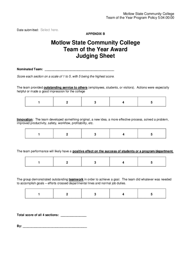 Fillable Online Team of the Year Judging Sheet Fax Email Print - pdfFiller