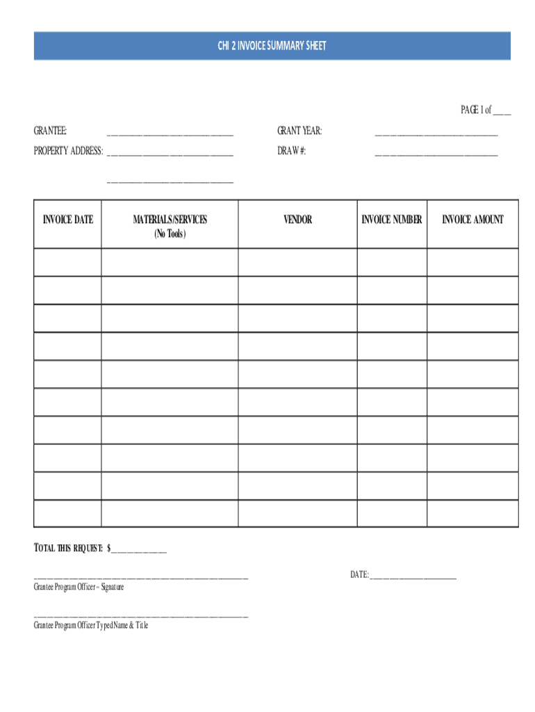 Fillable Online chi 2 invoice summary sheet Fax Email Print - pdfFiller