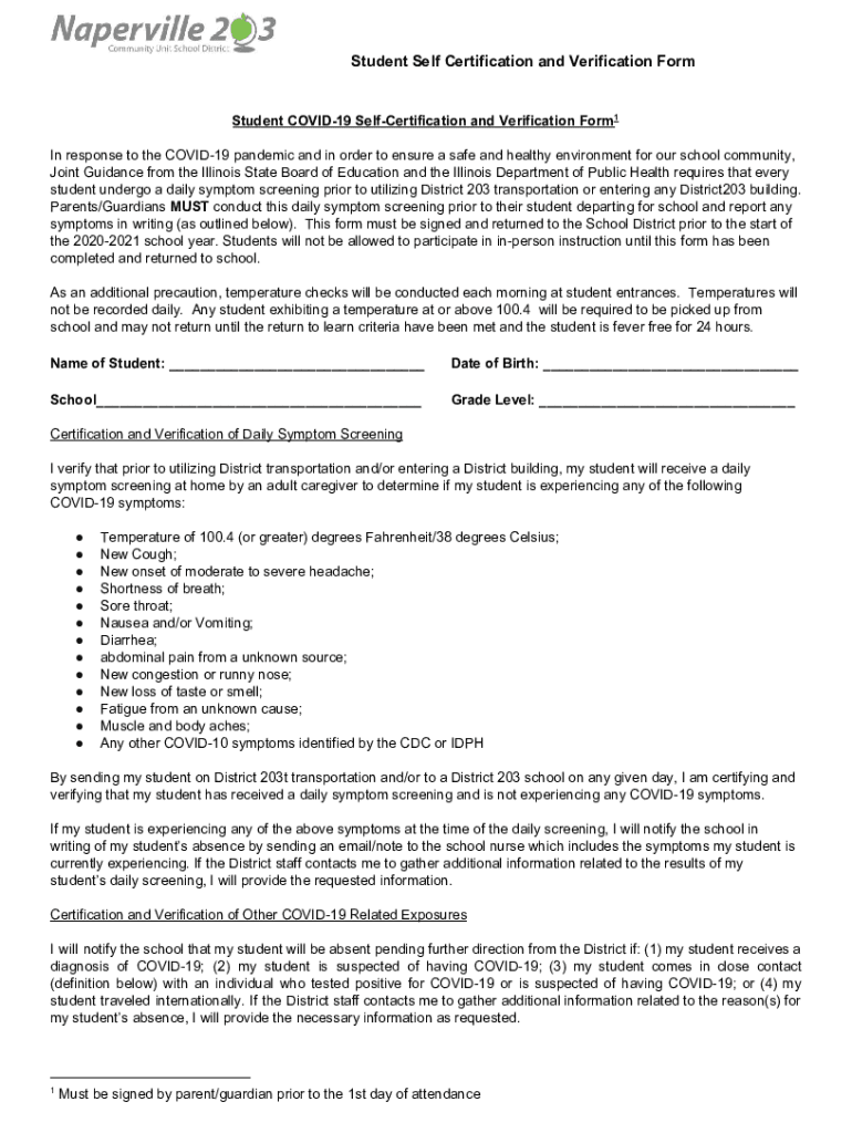 Fillable Online Student COVID-19 Self-Certification and Verification ...