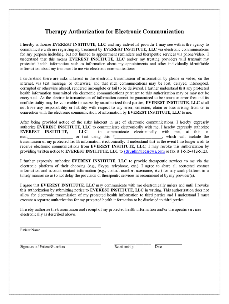 Fillable Online Therapy Authorization for Electronic Communication Fax ...