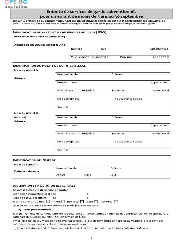 Remplissable En Ligne Entente de service de gardecontribution rduite ...