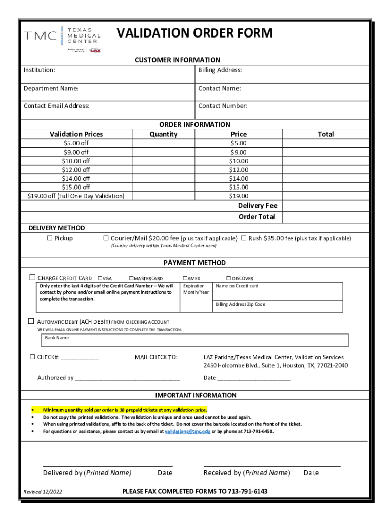 Fillable Online VALIDATION ORDER FORM (per 2023 rate table) Fax Email ...