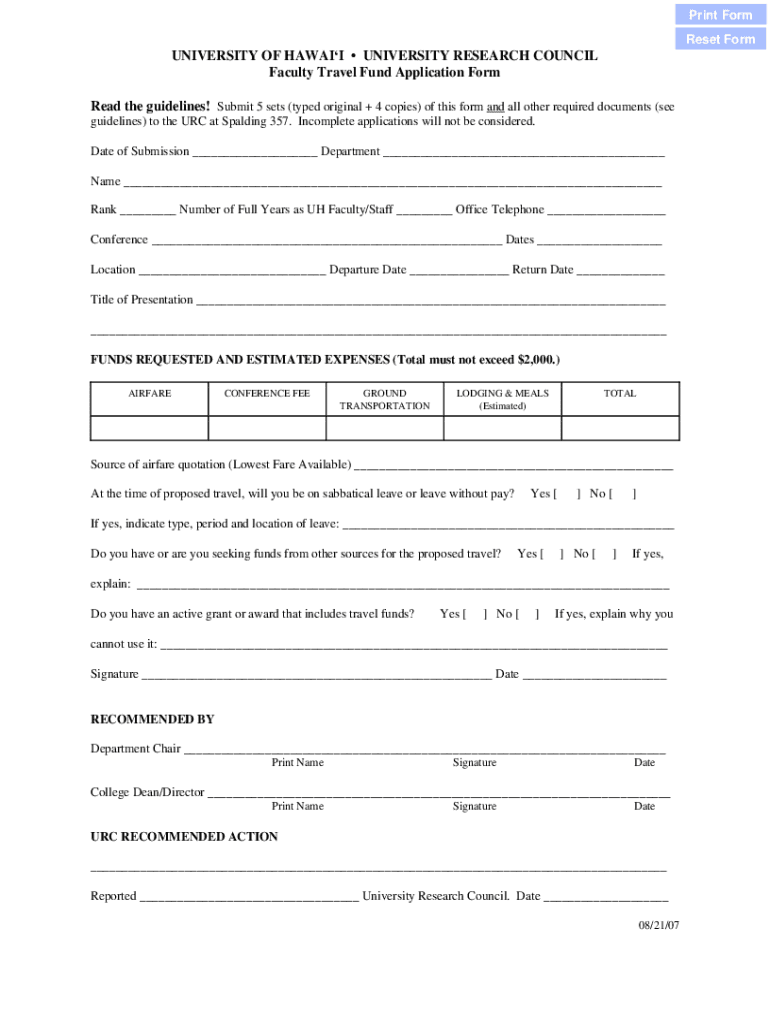 Fillable Online manoa hawaii Faculty Travel Funding Authorization Form ...