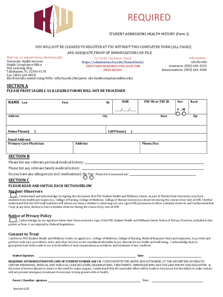 Fillable Online YOU WILL NOT BE CLEARED TO REGISTER AT FSU WITHOUT THIS COMPLETED FORM (ALL ...