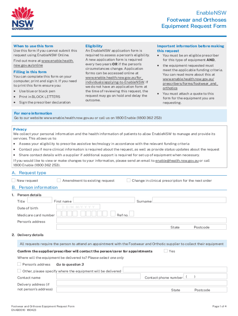 Fillable Online Footwear and Orthoses Equipment Request Form Fax Email ...