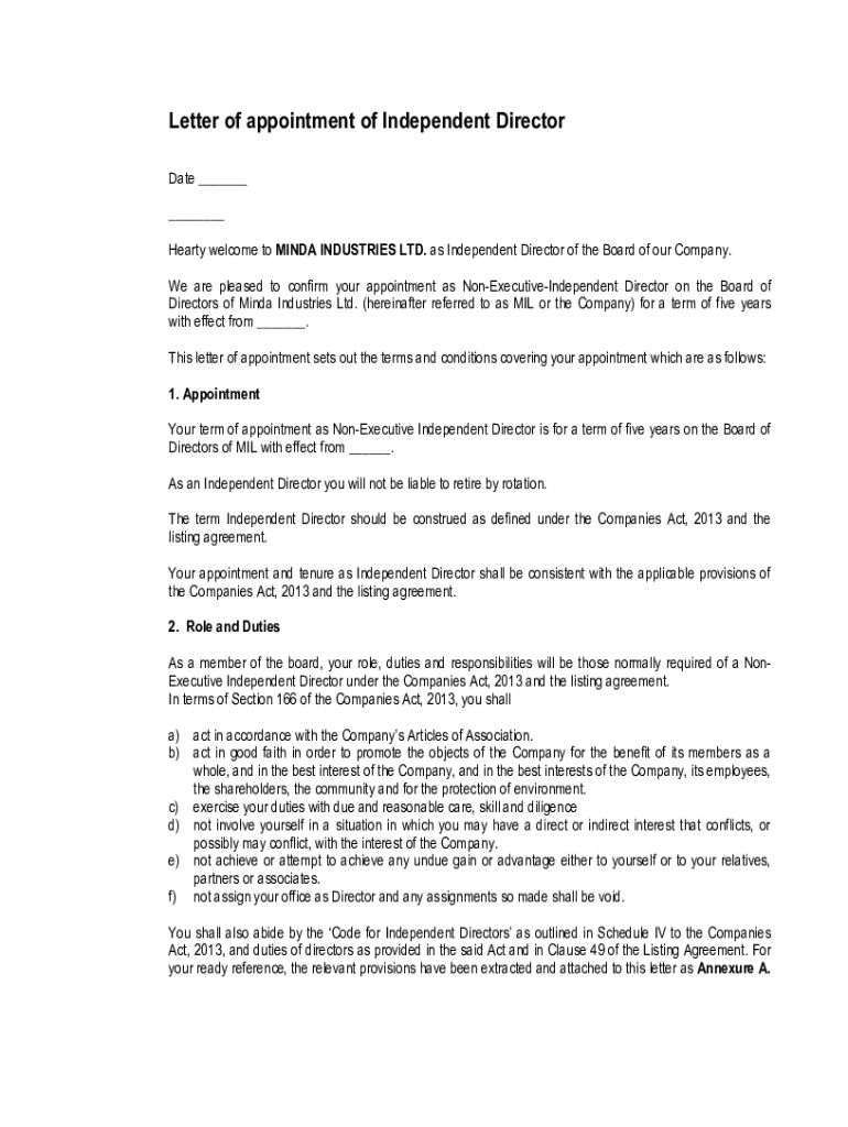 Fillable Online Your appointment as Independent Director on the Board ...