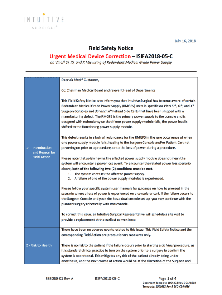 Fillable Online Class 2 Device Recall da Vinci Xi - Accessdata.fda.gov ...