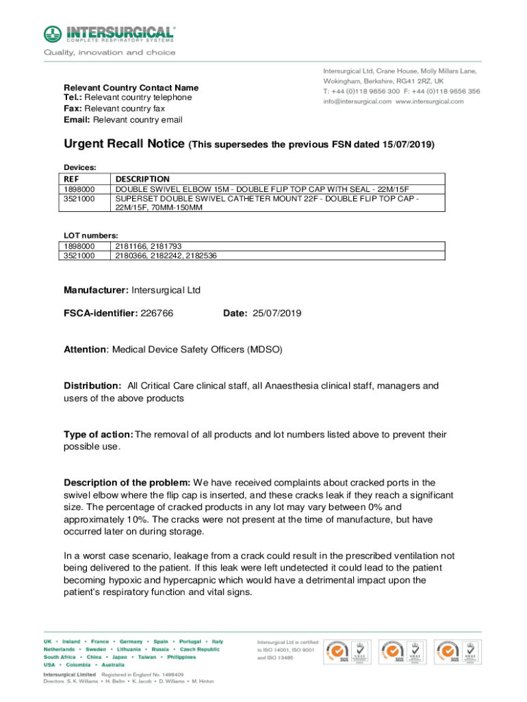 Fillable Online Urgent Recall Notice (This supersedes the previous FSN ...