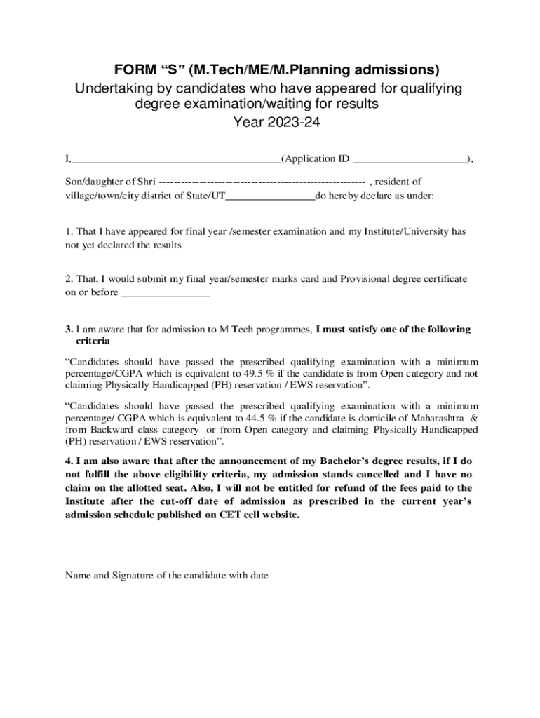 Fillable Online FORM S (M.Tech admissions) Undertaking by candidates ...