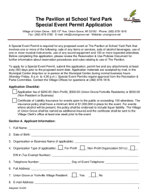 Fillable Online The Pavilion at School Yard Park Special Event Permit ...