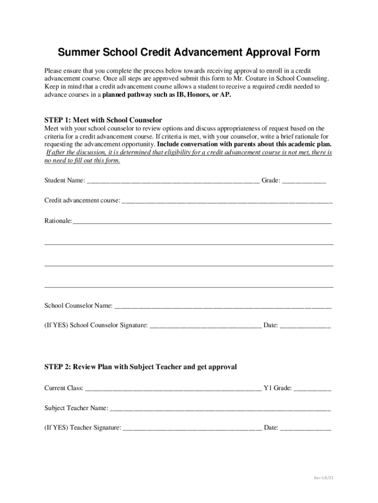 Fillable Online Summer School Credit Advancement Approval Form Fax Email Print - pdfFiller