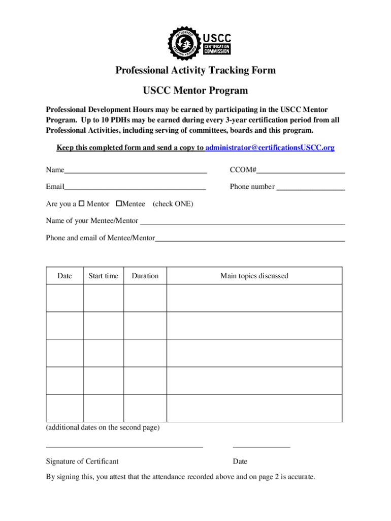 Fillable Online Professional Activity Tracking Form USCC Mentor Program ...