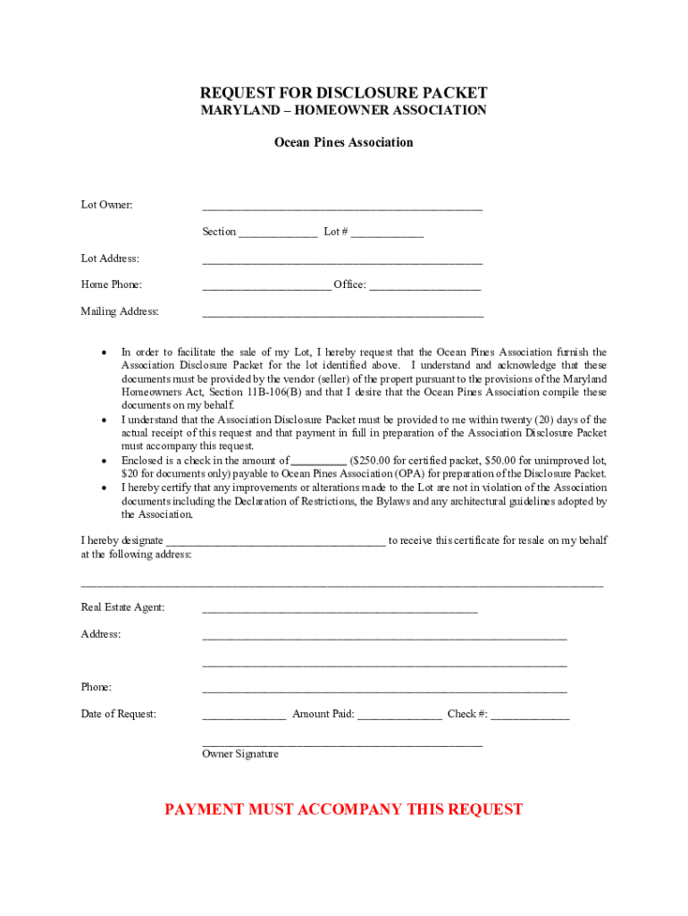 Fillable Online REQUEST FOR DISCLOSURE PACKET MARYLAND Fax Email Print ...