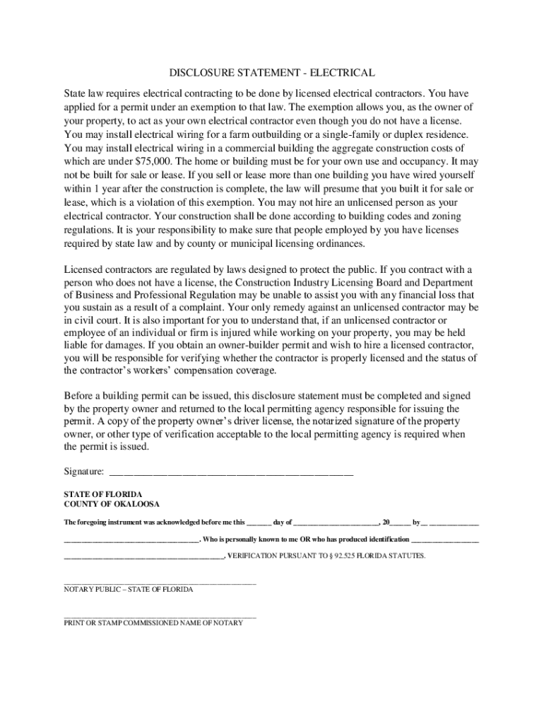 Fillable Online Owner Electrical Disclosure Statement for Permit Fax ...