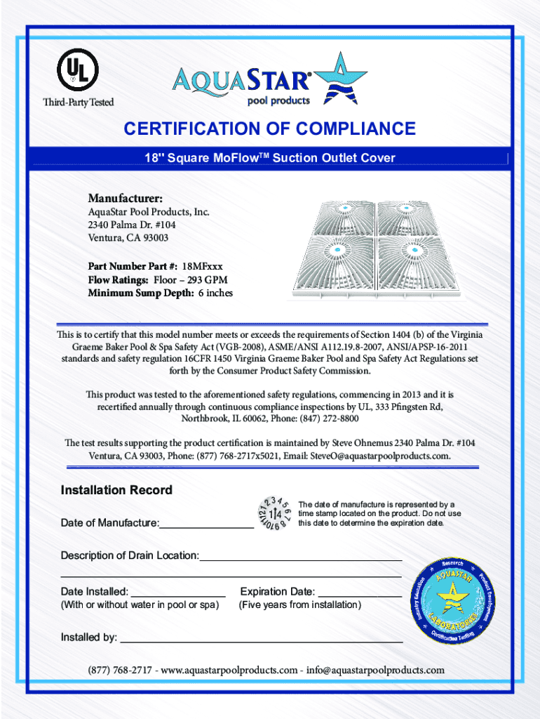 Fillable Online Aquastar certificate of compliance - sirspeedy5642.com ...