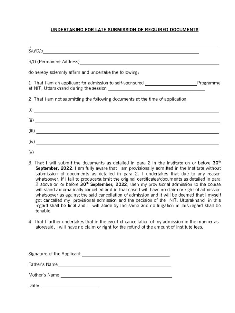 Fillable Online UNDERTAKING FOR LATE SUBMISSION OF REQUIRED ... Fax ... Fillable Online UNDERTAKING FOR LATE SUBMISSION OF REQUIRED ... Fax ...
