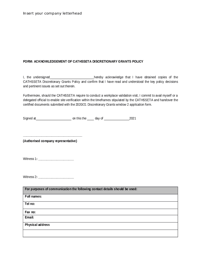 Acknowledgement of Discretionary Grants Policy - cathsseta org Doc ...