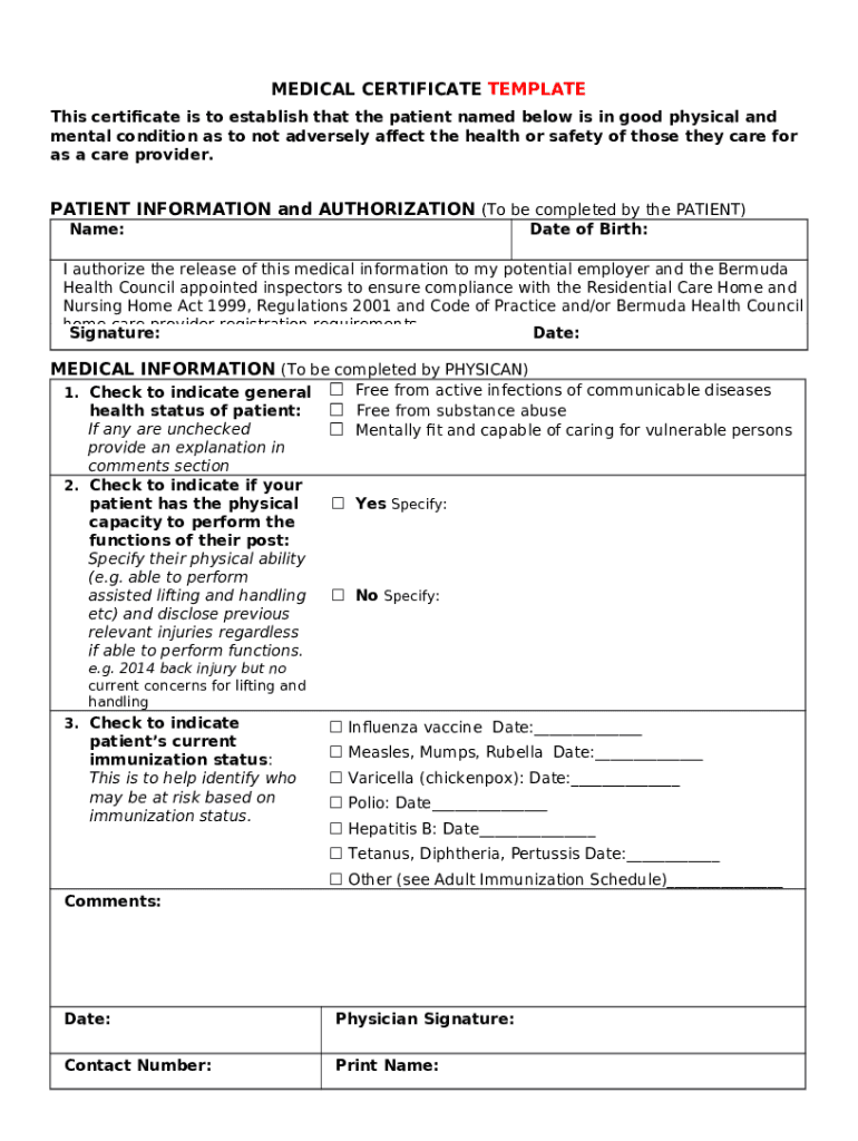 MEDICAL CERTIFICATE FOR CARE PROVIDERS PATIENT ... Doc Template | pdfFiller