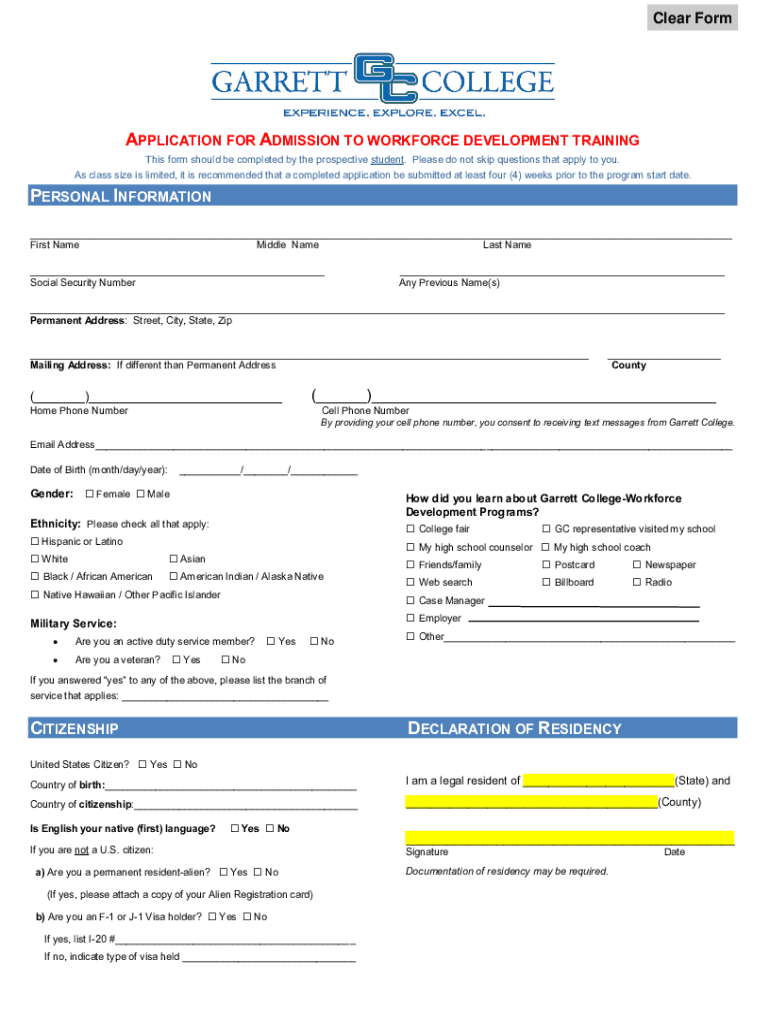 Fillable Online APPLICATION FOR ADMISSION TO WORKFORCE DEVELOPMENT ...