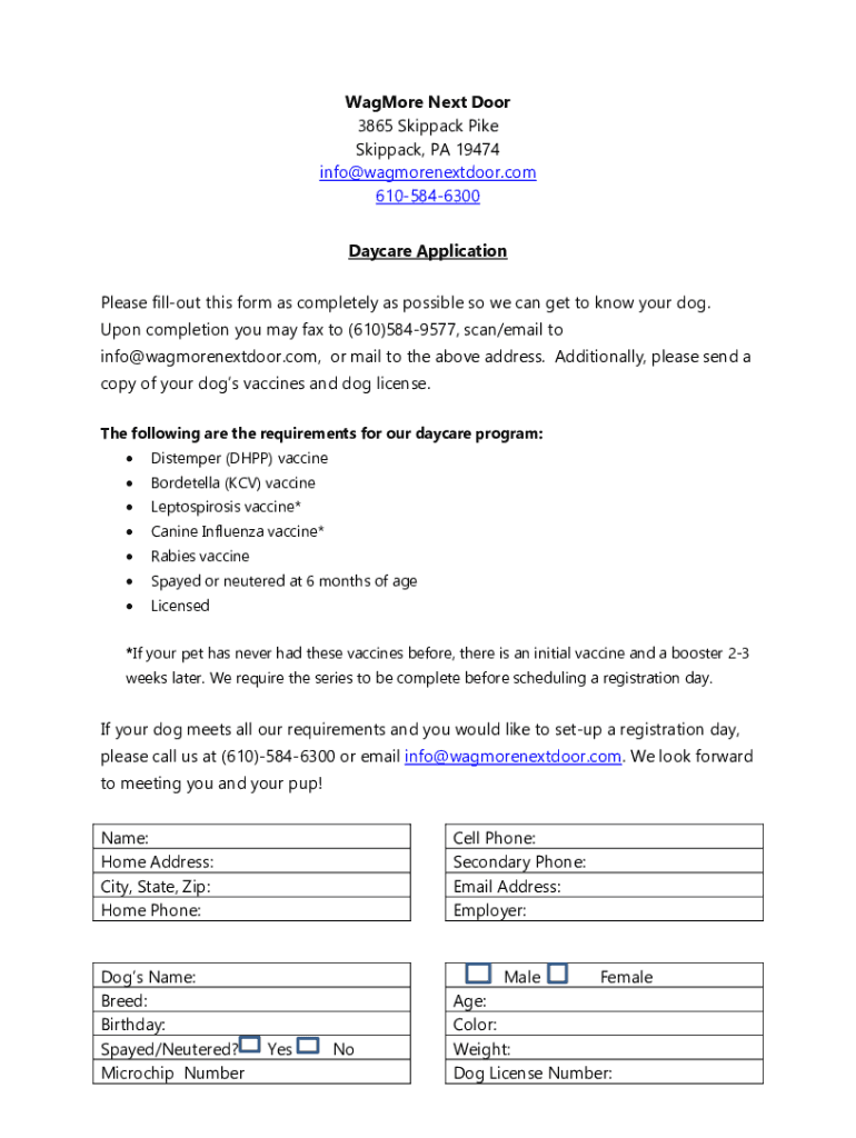 Fillable Online Daycare Enrollment Form - DOGGY COME PLAY Fax Email Print - pdfFiller
