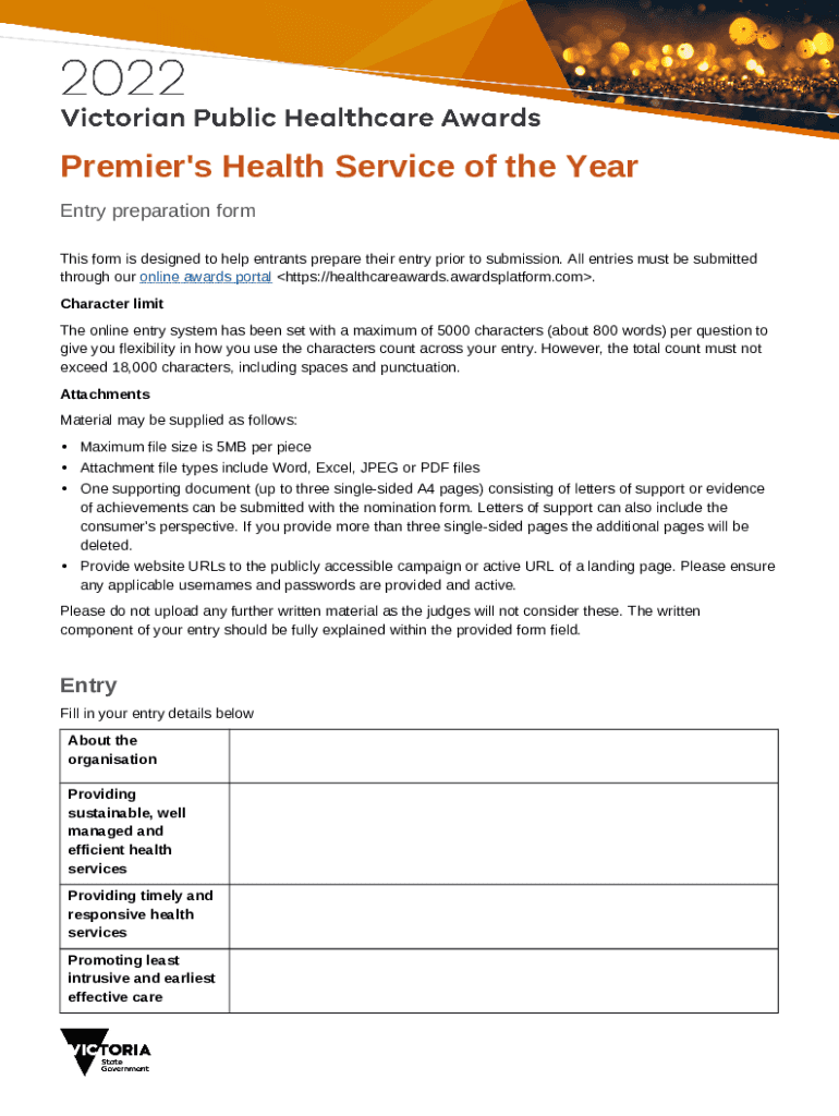 2022 Victorian Public Healthcare Awards - Premier entry preparation Doc ...