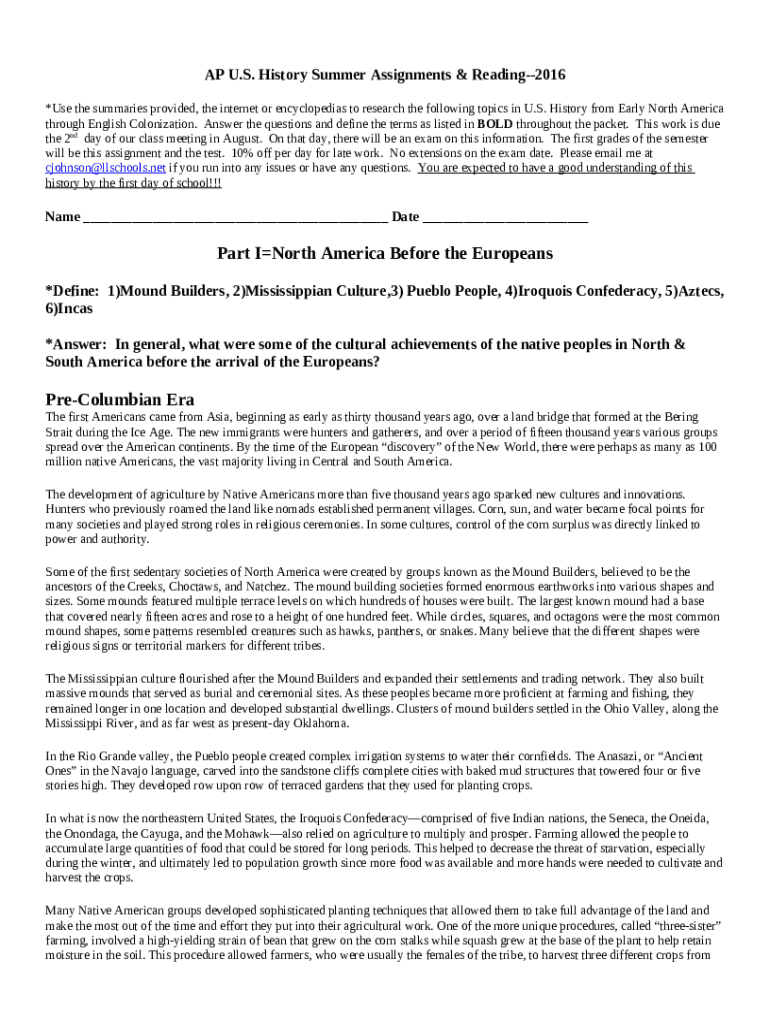 Summer Assignments - AP US History - TomRichey.net Doc Template | pdfFiller
